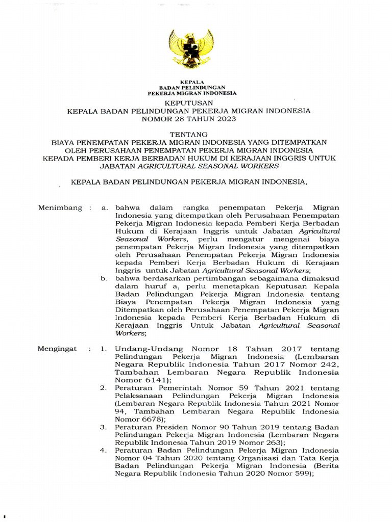 KEPKA Nomor 28 Tahun 2022 Tentang Biaya Penempatan PMI Inggris | PDF