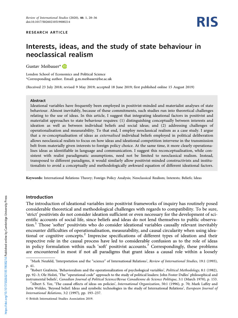 Interests Ideas and The Study of State Behaviour in Neoclassical ...