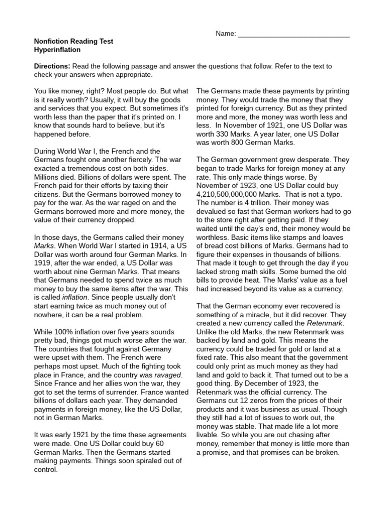 Nonfiction Reading Test Hyperinflation | PDF | Money | United States Dollar
