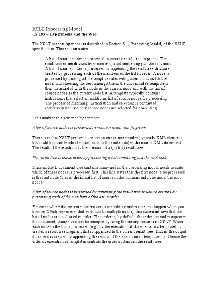 XSLT Processing Model: CS 183 - Hypermedia and The Web | PDF | Xslt | X Path