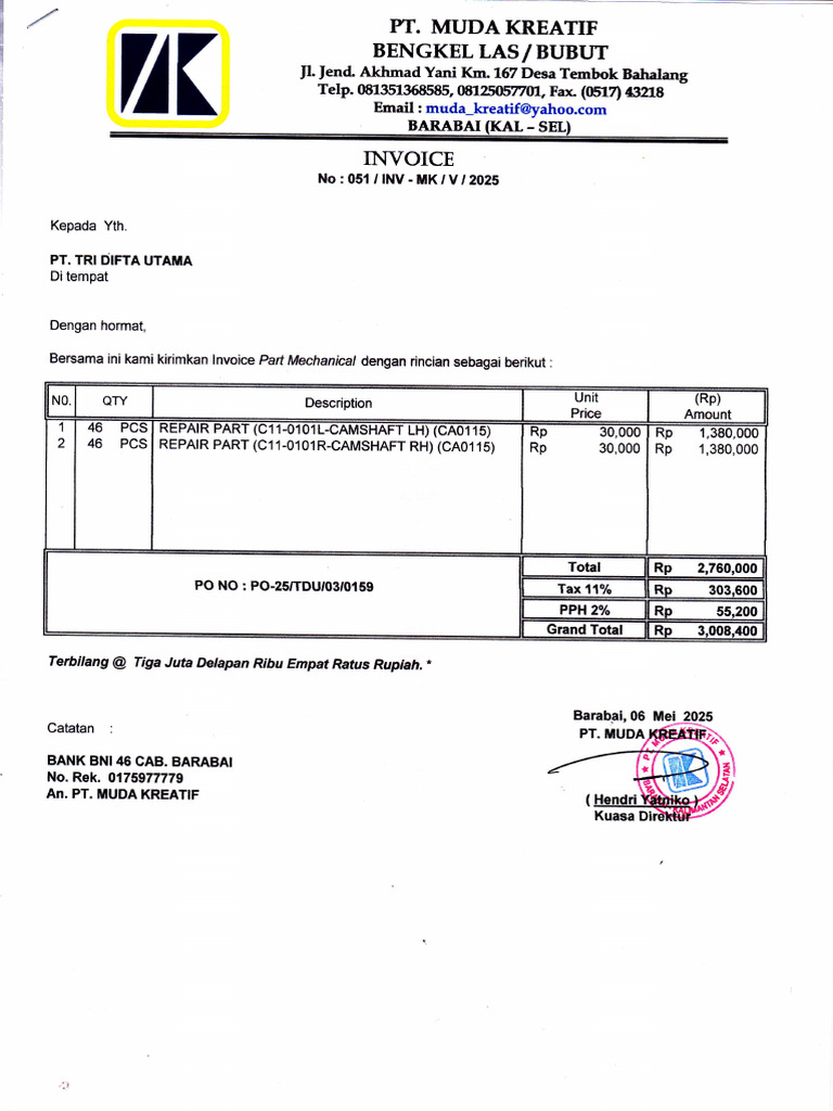 Invoice Part Mechanical PT. Muda Kreatif | PDF