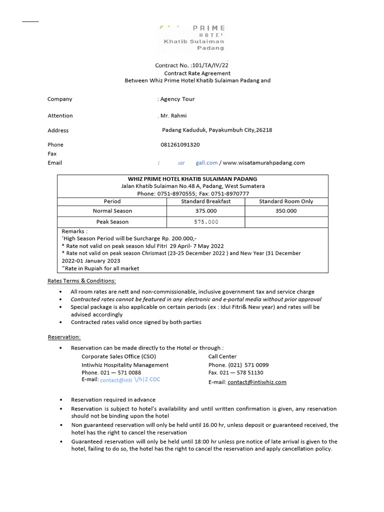 Whiz Prime Hotel Contract Rate Agreement | PDF | Payments