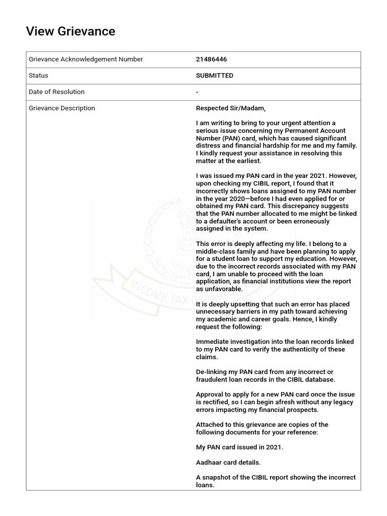 PAN Card Grievance: Loan Discrepancy Issue | PDF