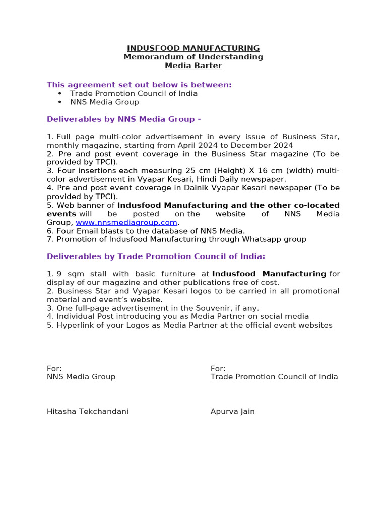 Media Barter Agreement for Indusfood | PDF