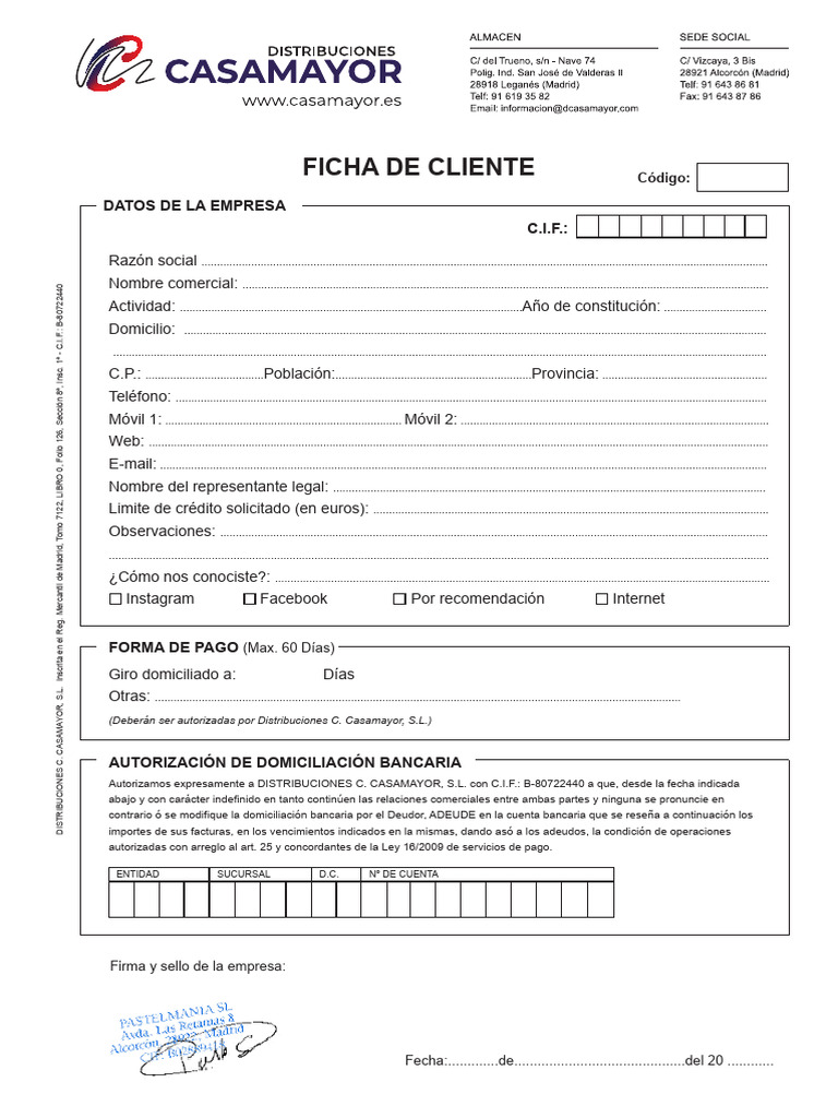 Ficha Cliente Casamayor | PDF | Industrias de servicio