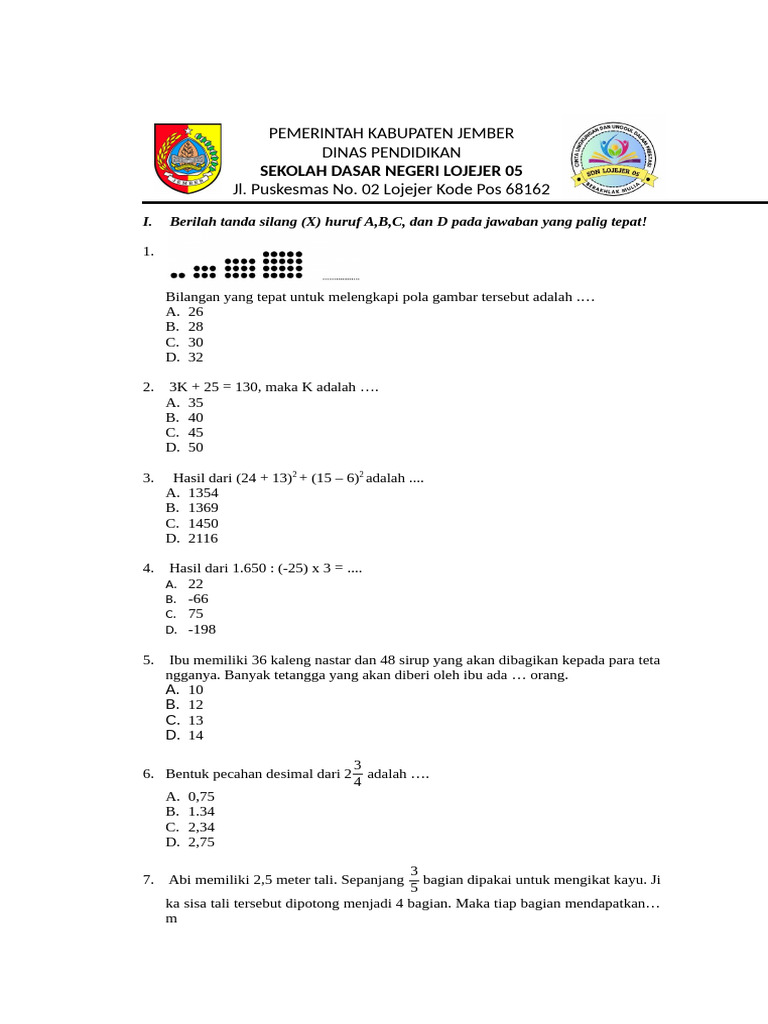 06 Soal Asaj MTK Kelas 6 Th. Ajaran 2024-2025 Fix | PDF