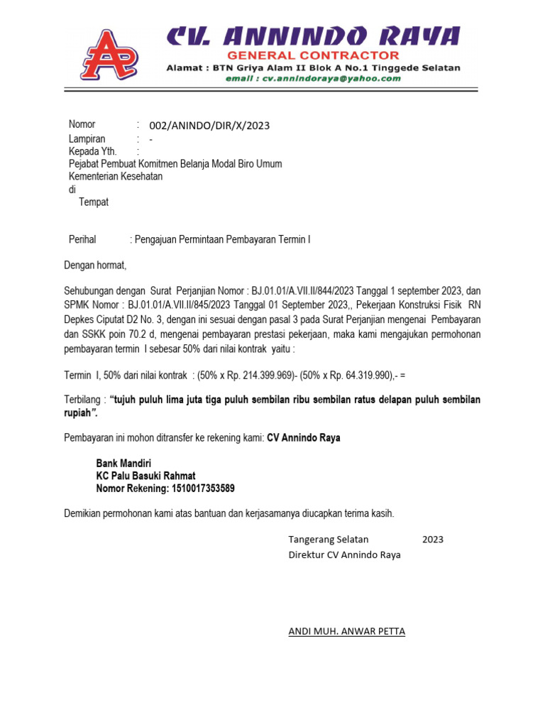 Permohonan Pembayaran Termin I RN Ciputat | PDF