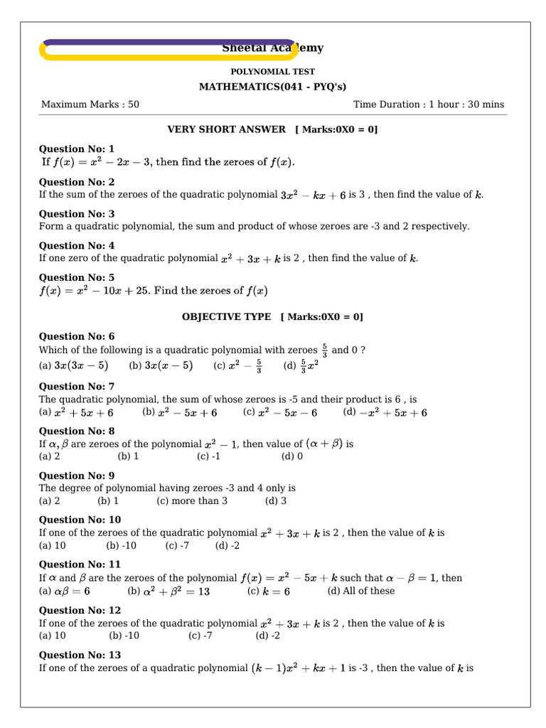MATHEMATICS (041 - PYQ's) (19 - 04 - 2025) | PDF | Zero Of A Function | Polynomial
