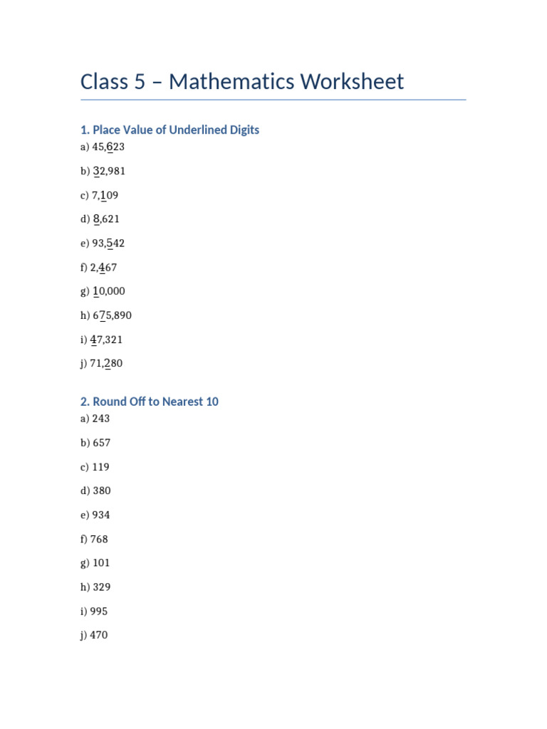 Class 5 Maths Worksheet | PDF