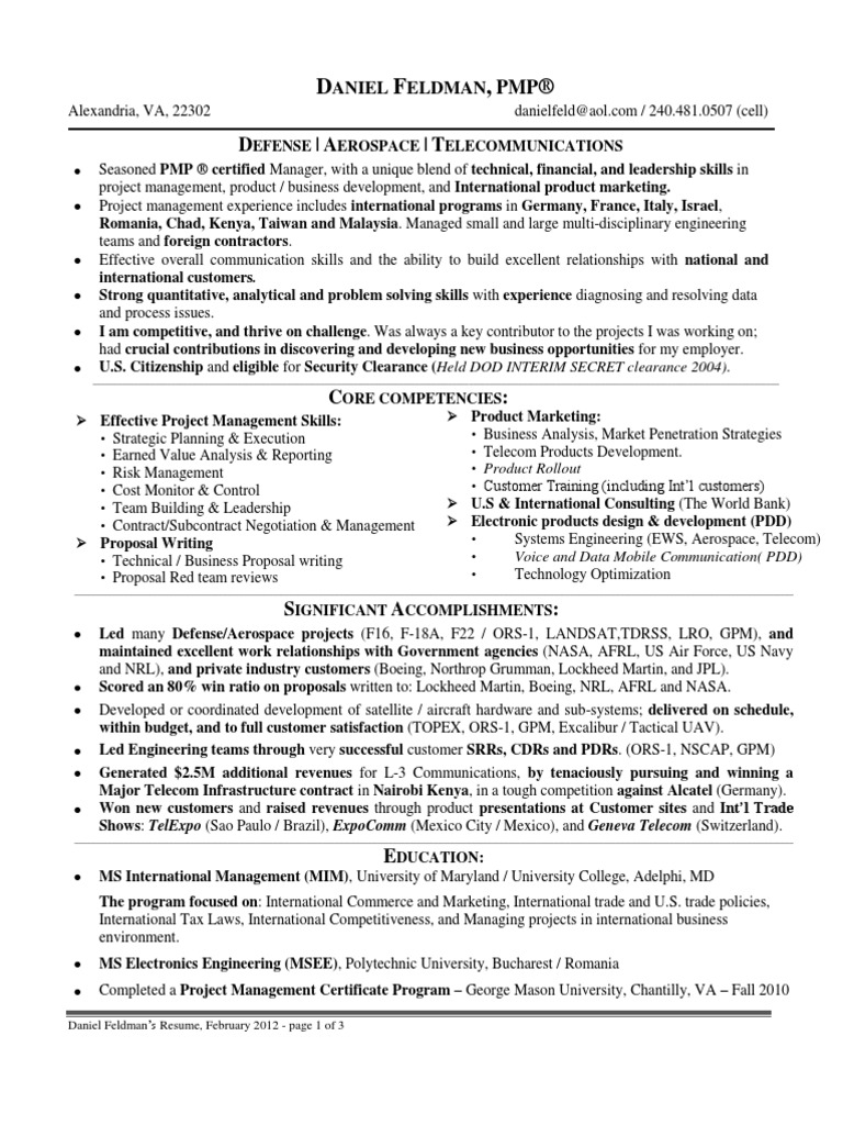 Technical Program Manager in Washington DC Resume Daniel Feldman | PDF ...
