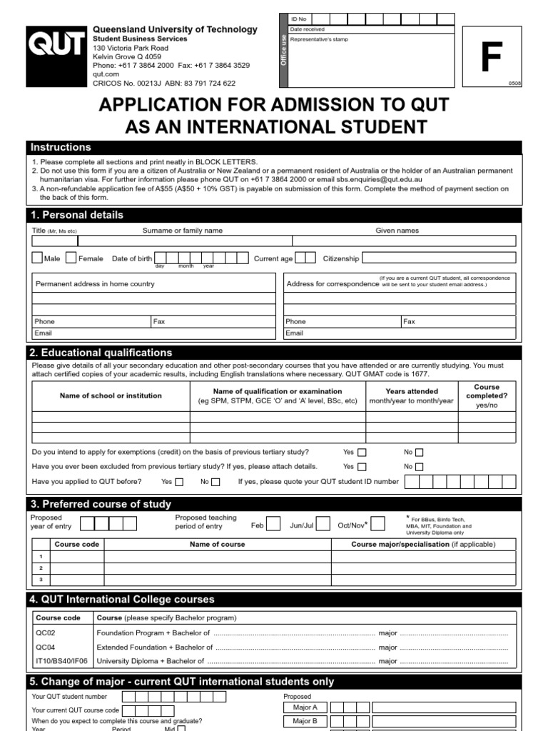 QUT International Student Admission Form | PDF