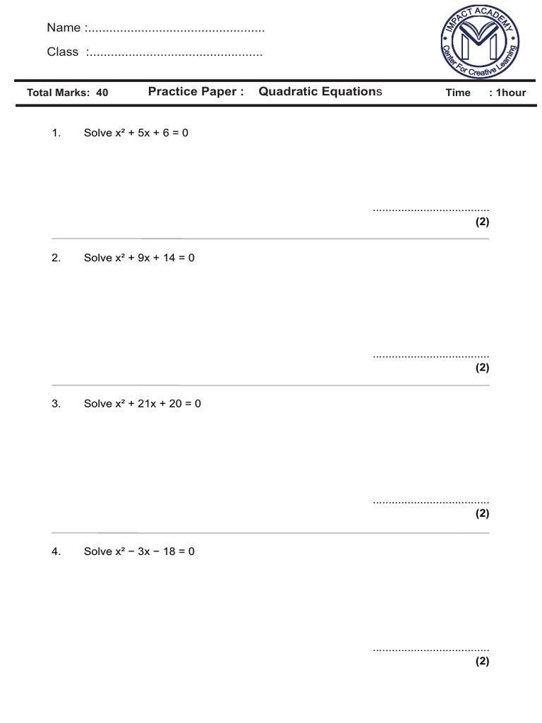 Practice Paper On Quadratic Equations | PDF | Area | Geometry