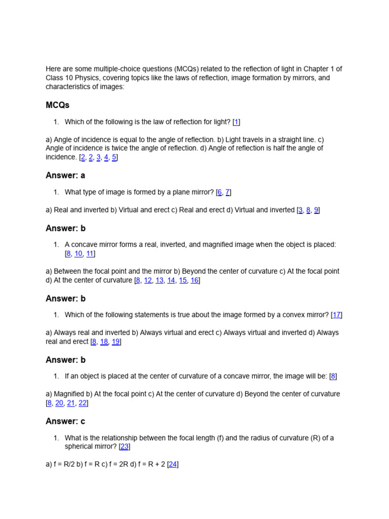 MCQs of Chapter 1 Physics Class 10th Up To Reflection | PDF | Mirror ...
