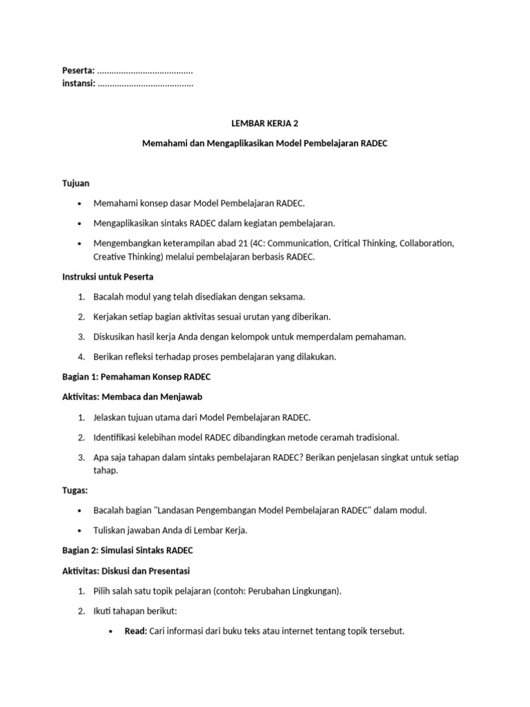 Lembar Kerja 2 - Model Belajar Radec | PDF