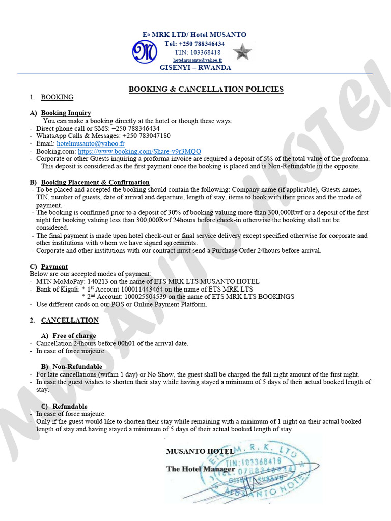 Musanto Hotel Booking & Cancellation Policies | PDF | Payments