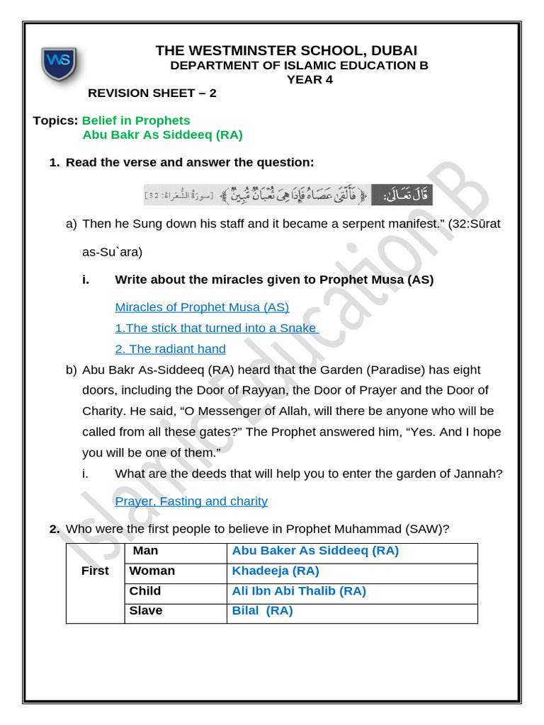 4IE-TERM 2-REVISION-WS2-AnswerKey-2025 | PDF | Muhammad | Prophets And Messengers In Islam