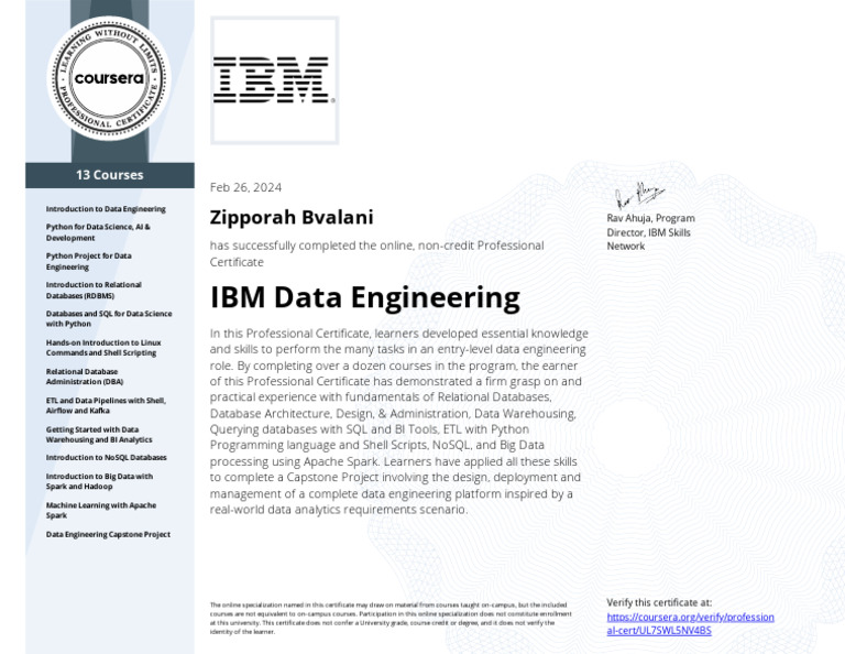IBM Data Engineering Cert - ZBvalani | PDF | Apache Spark | Relational Database