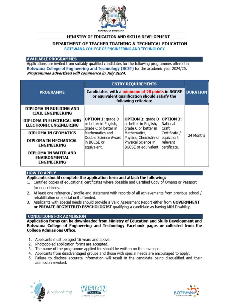 Bcet Advert For 2024-25 Intake | PDF | Diploma | University And College ...