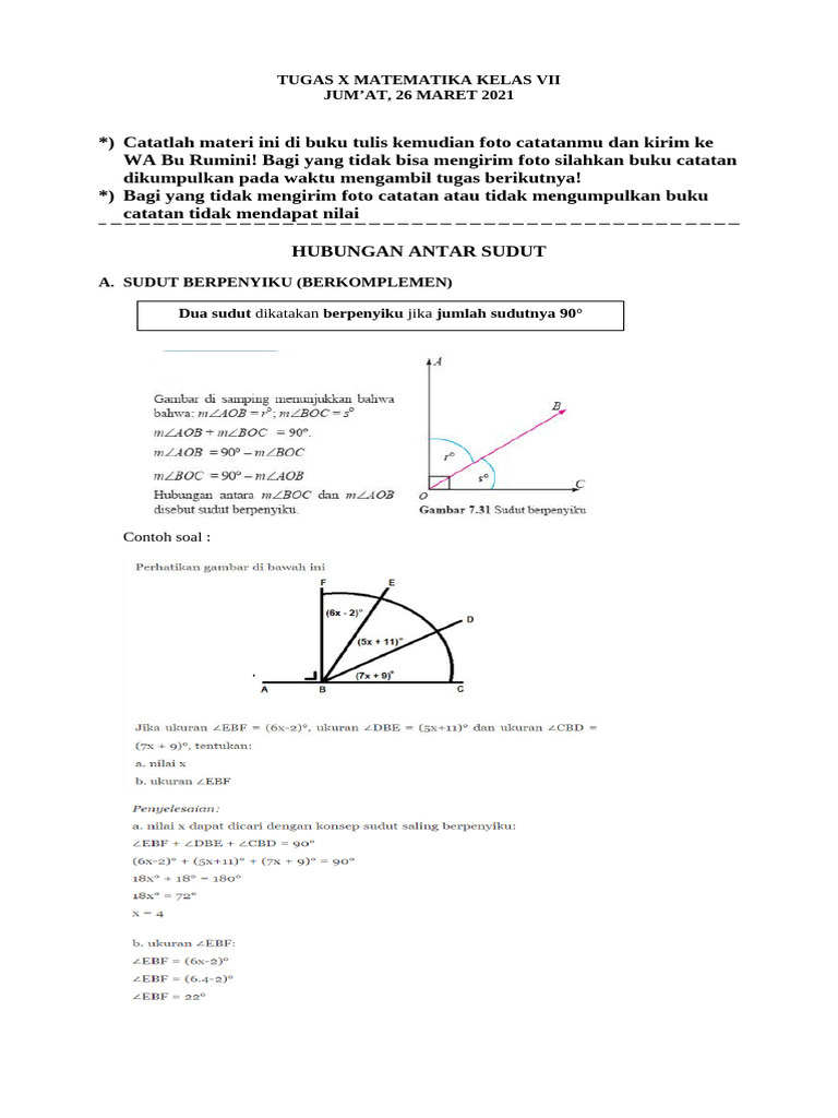 Tugas X Matematika Sudut Berpenyiku Dan Berpelurus | PDF