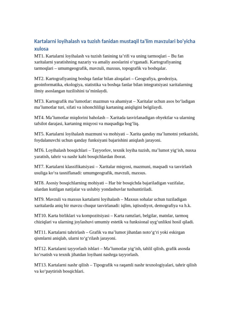 Kartografiya Mavzulari Xulosa | PDF