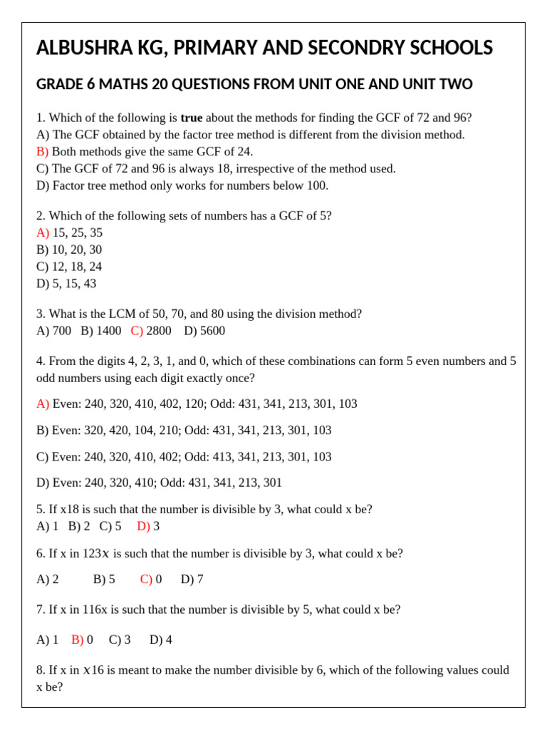 Grade 6 Maths 20questions | PDF | Mathematics | Arithmetic