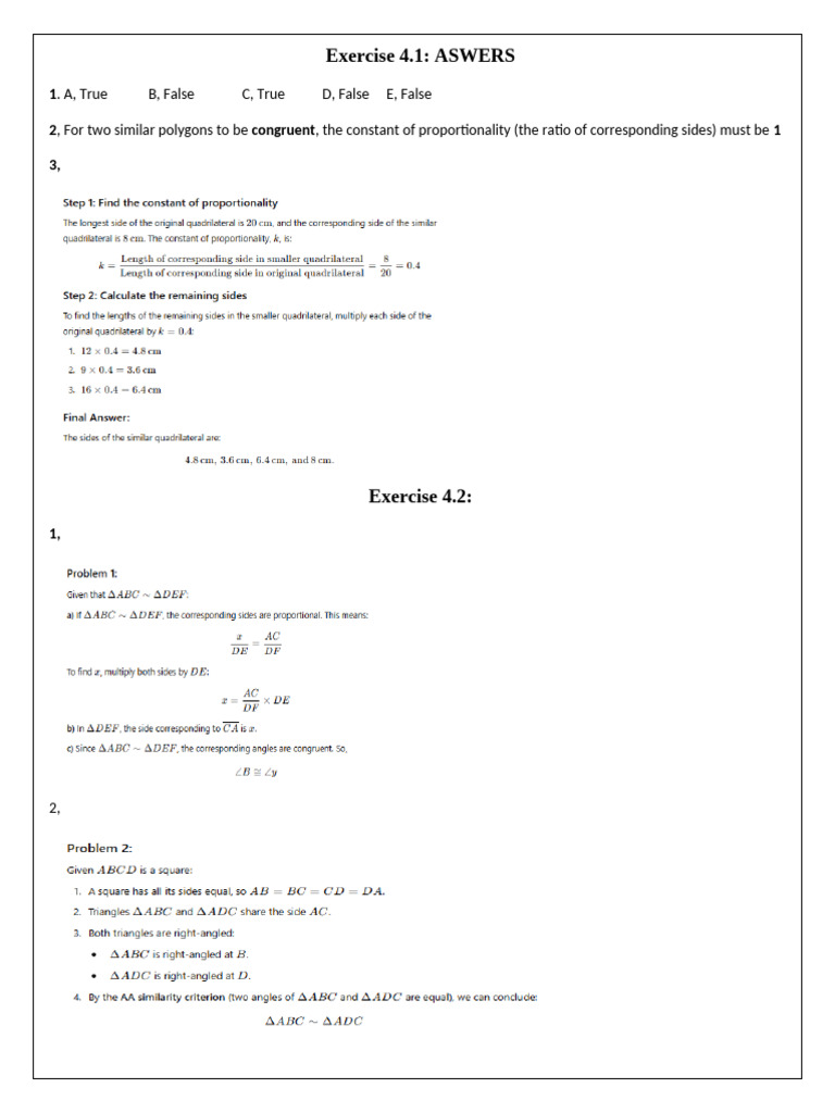 Grade 8 Maths Unit 4 Exercises Answers | PDF