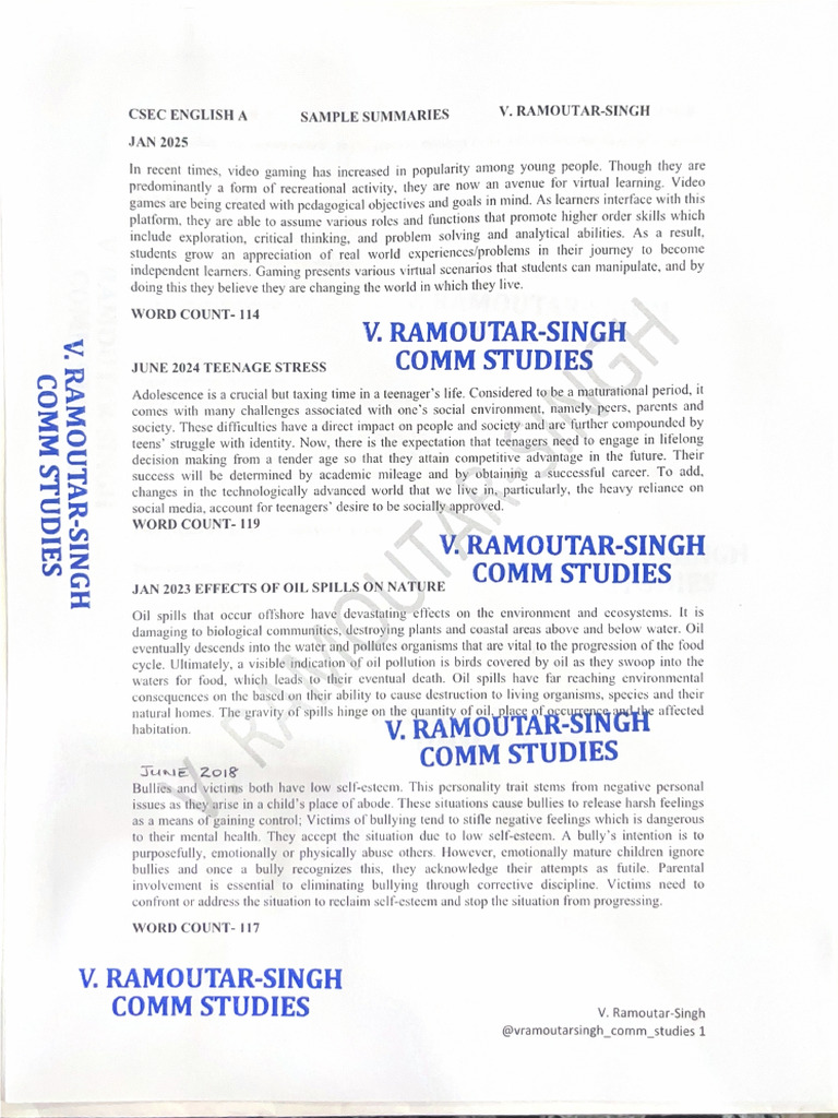 Csec Eng A Sample Summaries v. Ramoutar-Singh | PDF