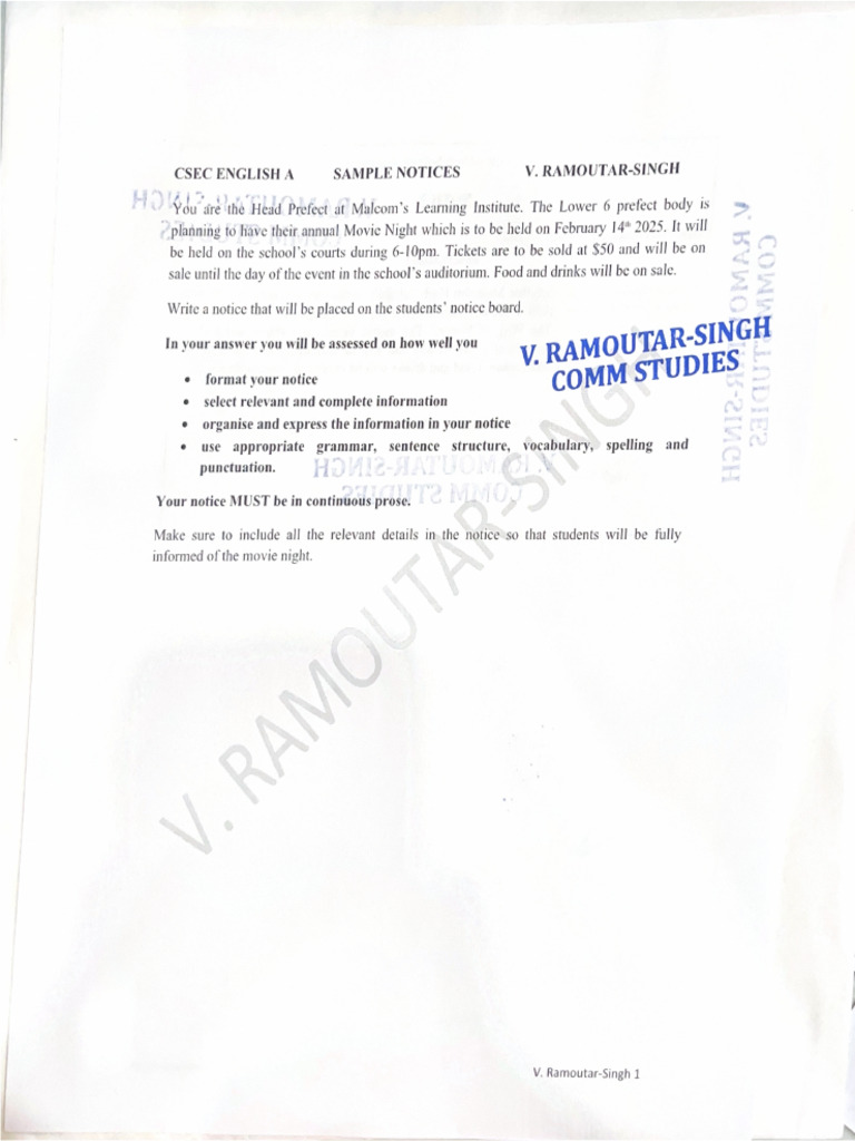 Csec Eng A Sample Notices v. Ramoutar - Singh | PDF