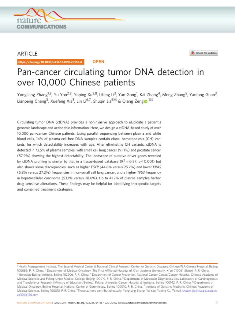 Pan-Cancer Circulating Tumor DNA Detection in Over 10,000 Chinese Patients | PDF | Genetics ...