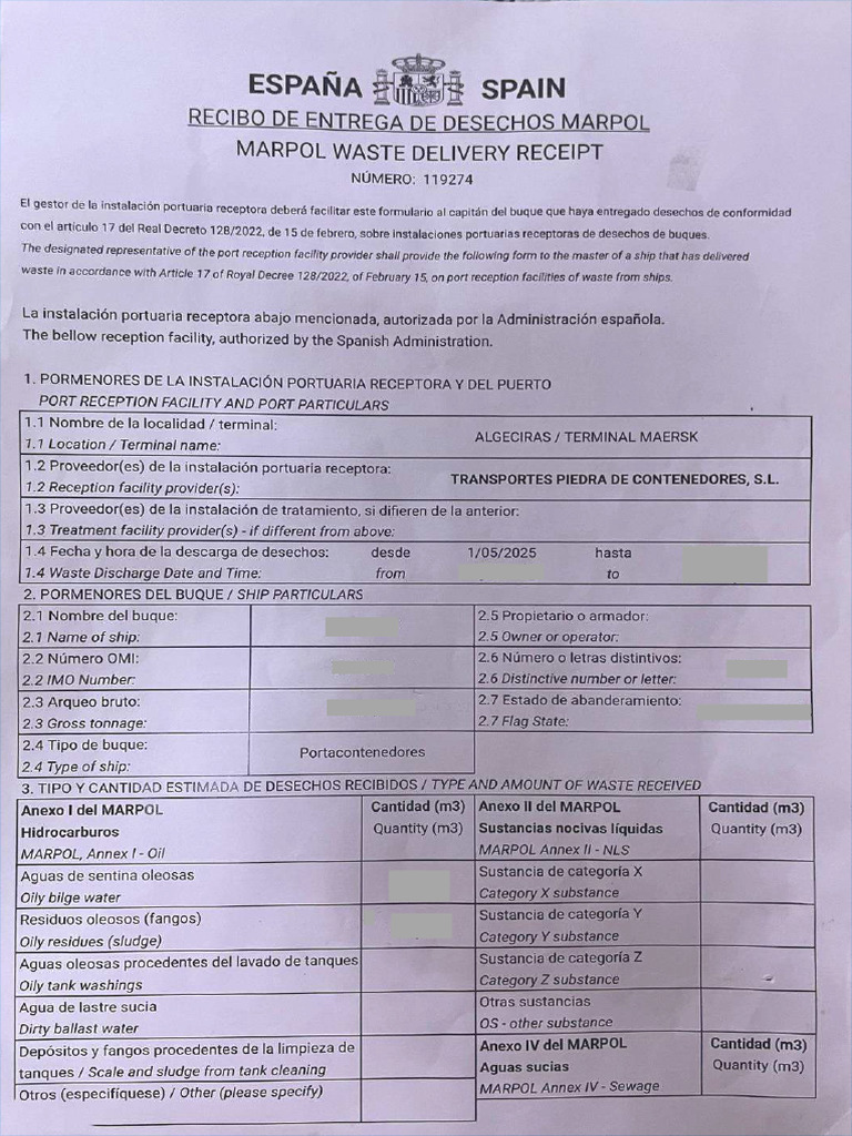 Marpol Waste Delivery Receipt | PDF