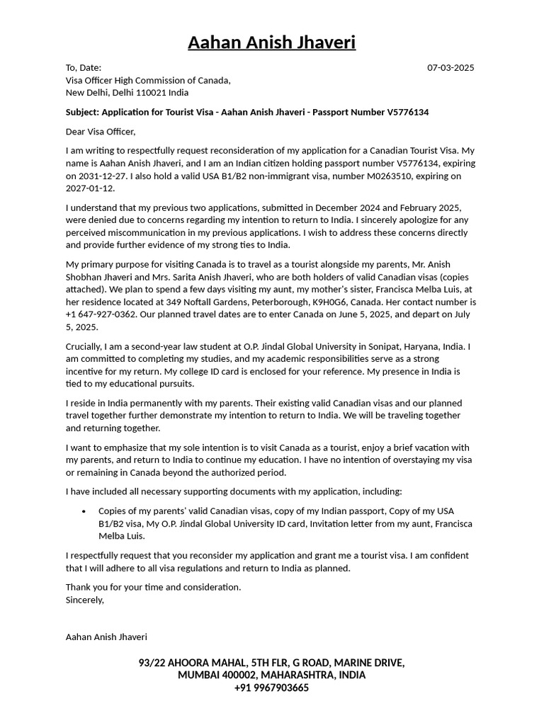 Aahan Anish Jhaveri COVER LETTER | PDF | Travel Visa | Government And ...