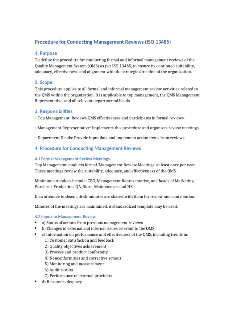 ISO 13485 Management Review Procedure | PDF | Quality Management System ...