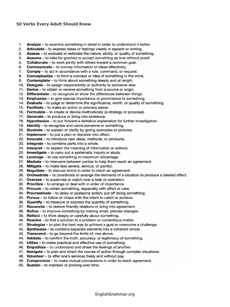 50 Verbs Every Adult Should Know | PDF | Idea | Mind