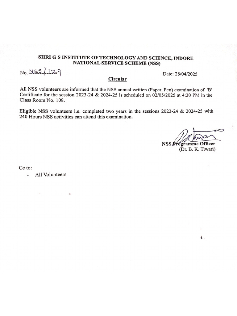 NSS 'B' Certificate Exam Circular | PDF