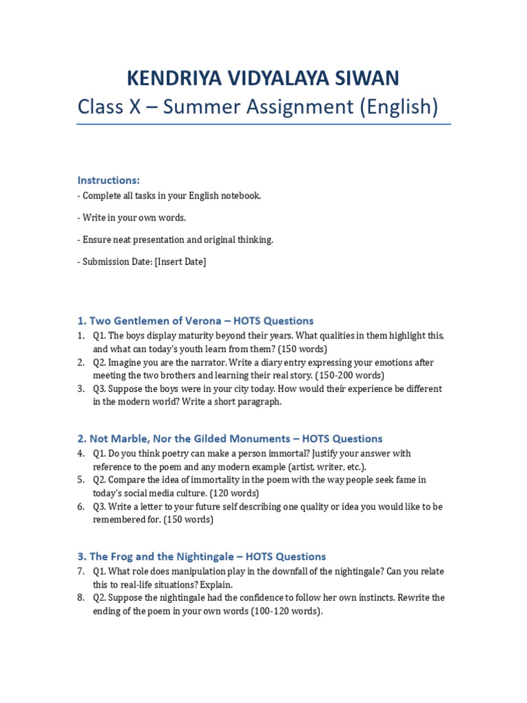 Class X English Summer Assignment HOTS | PDF