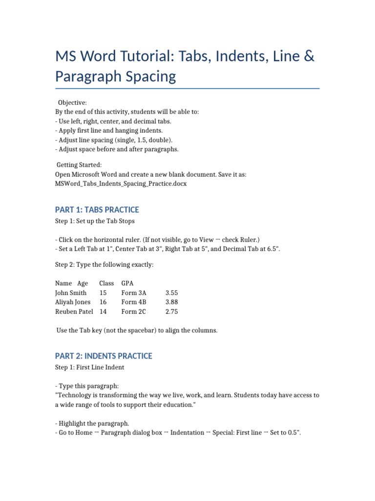 MSWord Tutorial Tabs Indents Spacing | PDF | Paragraph | Microsoft Word