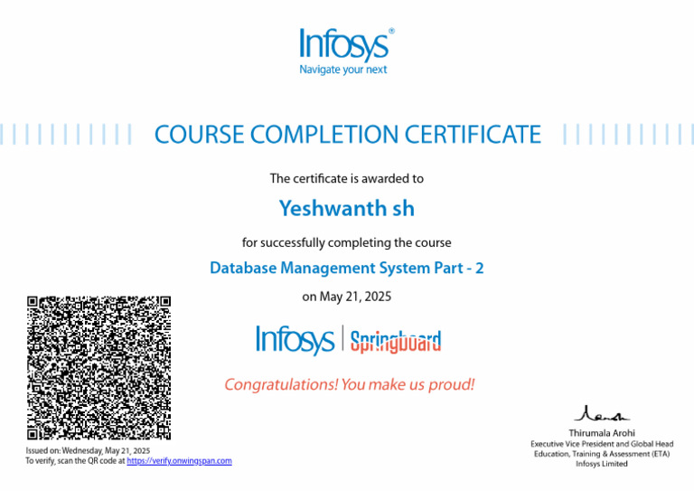 Yeshwanth SH Dbms Infosys | PDF