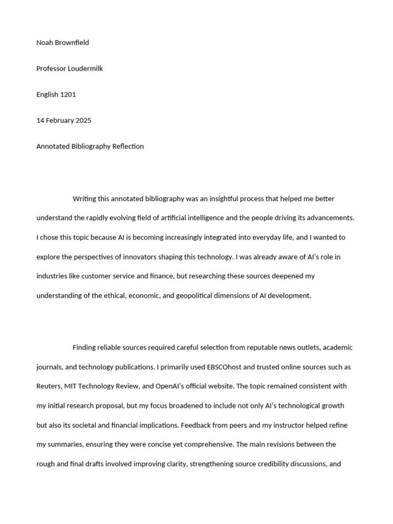 Noah Brownfield - Annotated Bibliography Reflection | PDF