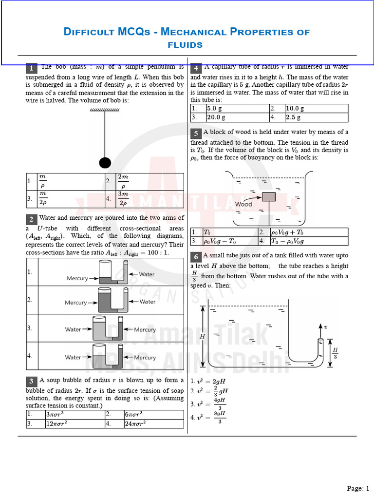 Difficult MCQs - Mechanical Properties of Fluids | PDF | Liquids | Viscosity