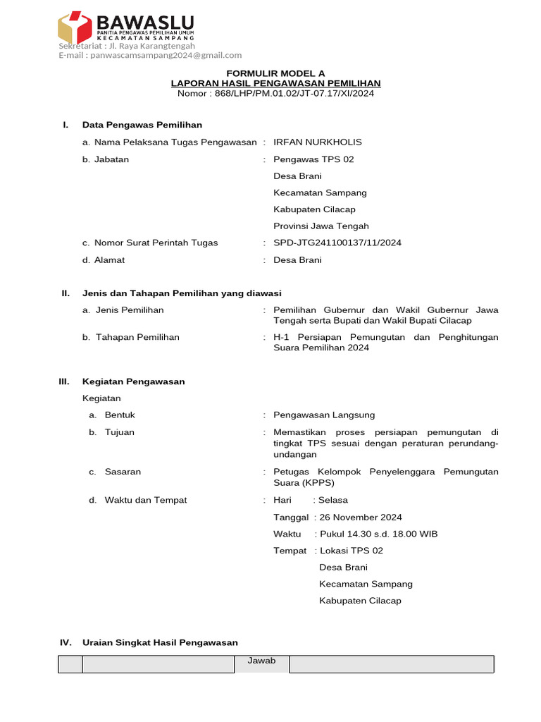 Sampang - Brani - TPS02 - 4. Form A Pengawasan H-1 Persiapan Pemungutan Dan Penghitungan Suara ...