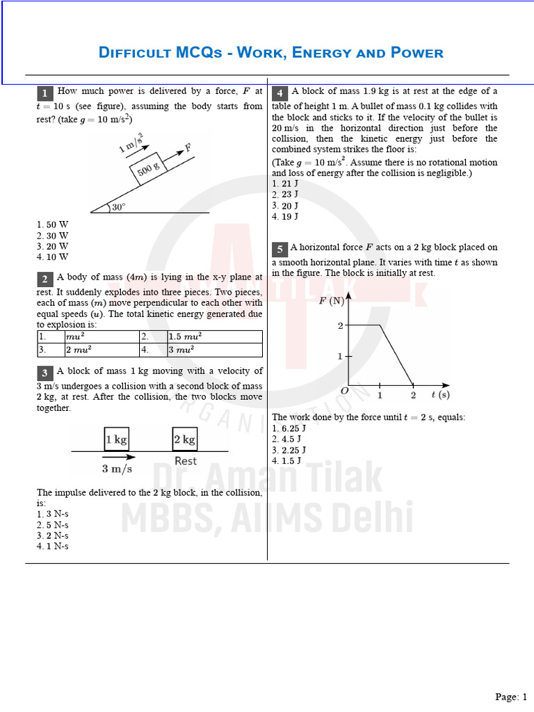 Difficult MCQs - Work, Energy and Power | PDF | Force | Collision