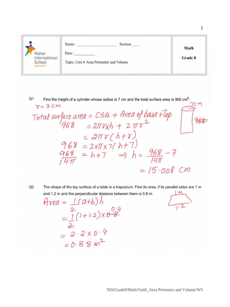 Grade8 - Worksheet-Answerkey - Ch6 - 2nd Semester - Area, Perimeter and Volume - AY2024-25 | PDF