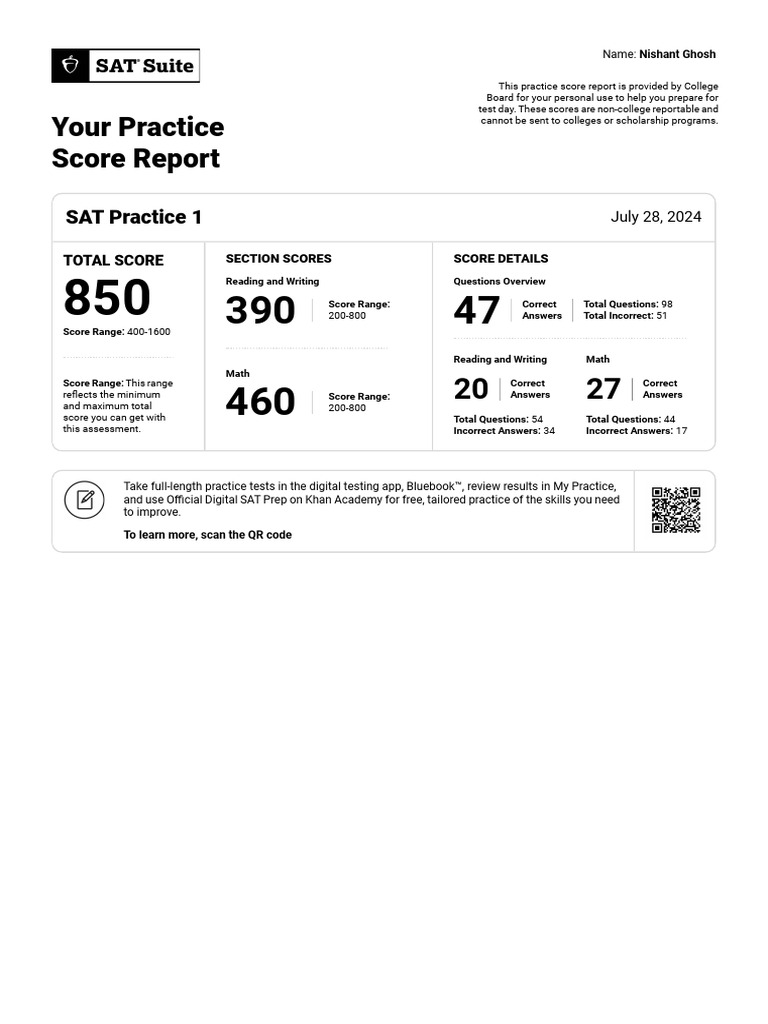 Bluebook SAT Practice 1 07282024 | PDF | Sat | Data Collection