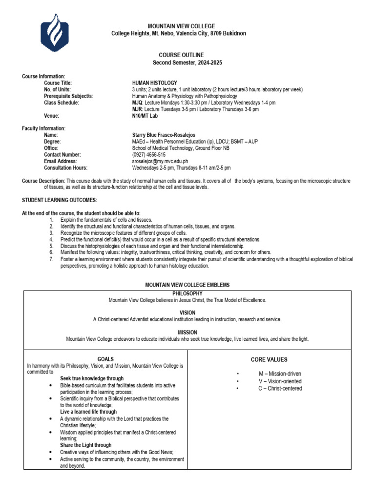 Human Histology Course Outline SS 2024 2025 | PDF | Lymphatic System ...