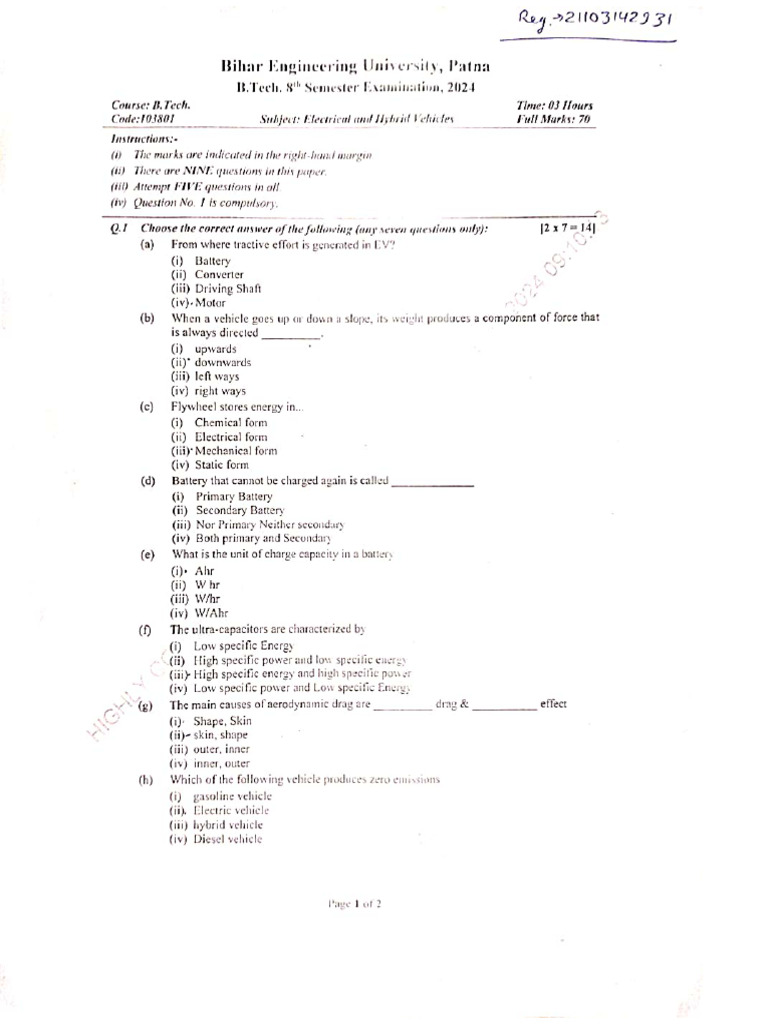Electrical Hybrid Vehicles 2024 Pyq | PDF