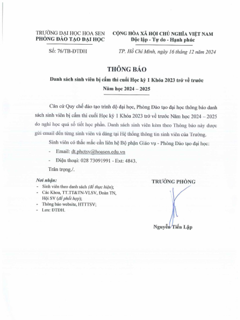 TB Và DSSV Cấm Thi Cuối Kỳ Khóa 2023 Trở Về Trước NH 2024-2025 | PDF