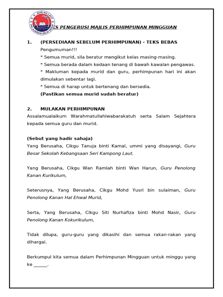 Teks Ucapan Pengerusi Majlis Perhimpunan Mingguan SKSKL 2023 | PDF
