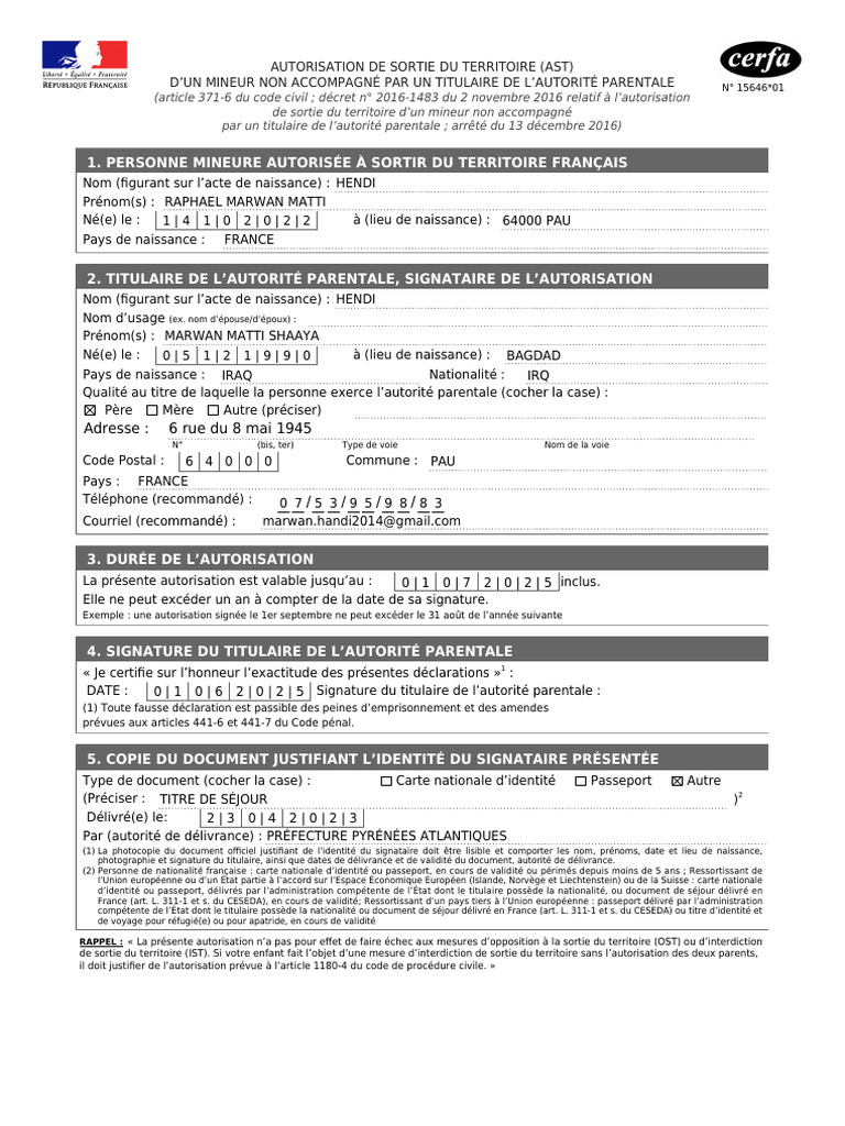 Autorisation de Sortie Du Territoire (Ast) D'Un Mineur Non Accompagné ...