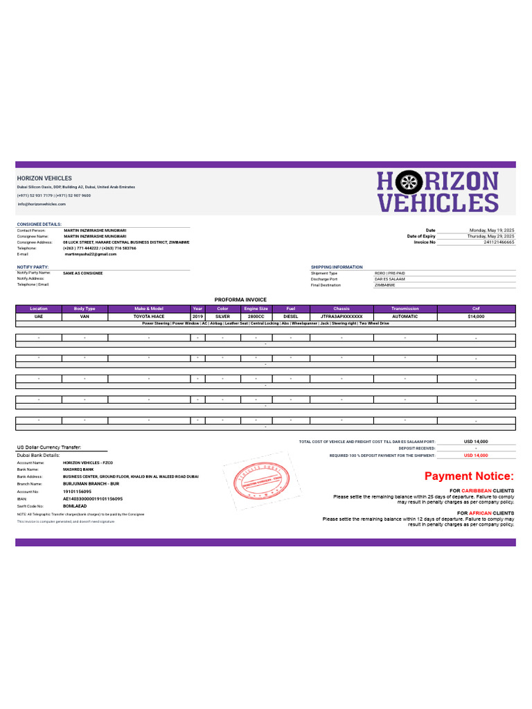 Proforma Invoice 24112146665 Martin Inzwirashe Mungwari Toyota Hiace ...
