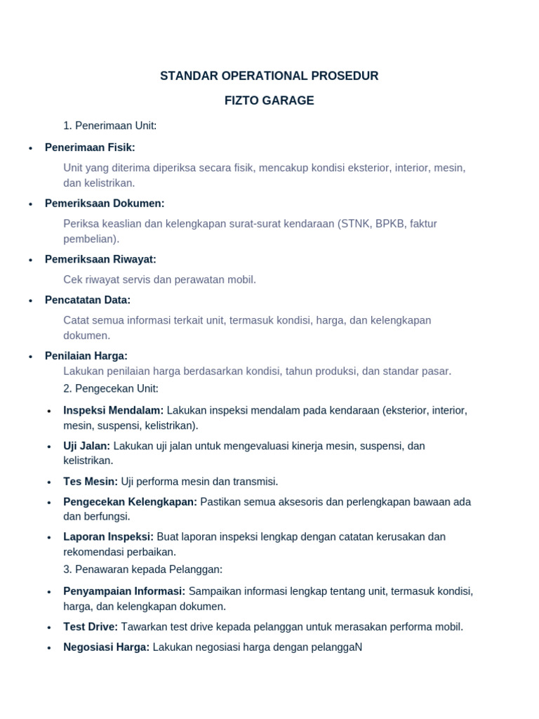 Sop Showrom Fizto Garage | PDF